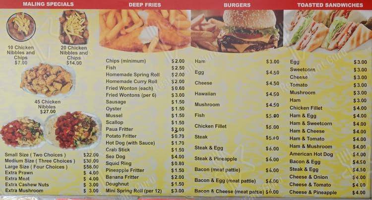 Menu at Maling Food Bar, Auckland