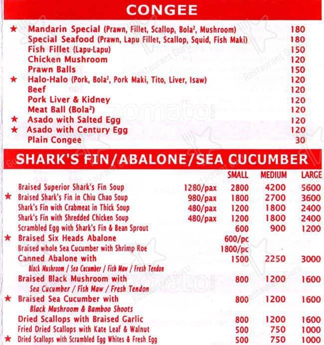 Menu at Mandarin Palace restaurant, Parañaque