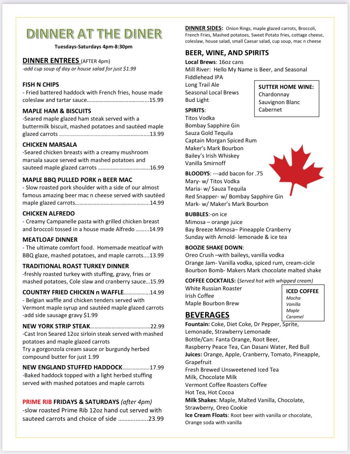 Menu at Maple City Diner restaurant, Saint Albans City