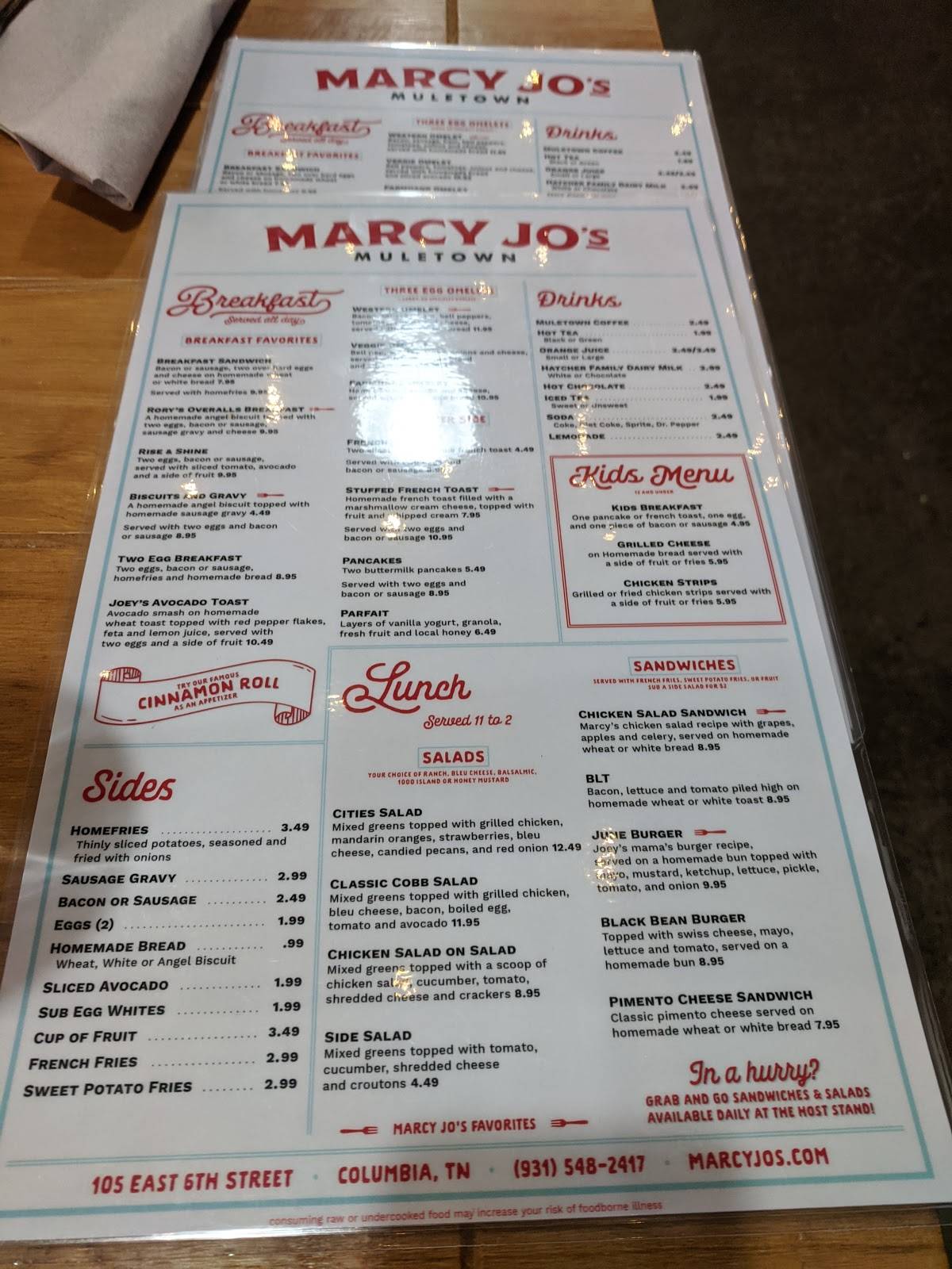 Menu at Marcy Jo's Muletown restaurant, Columbia