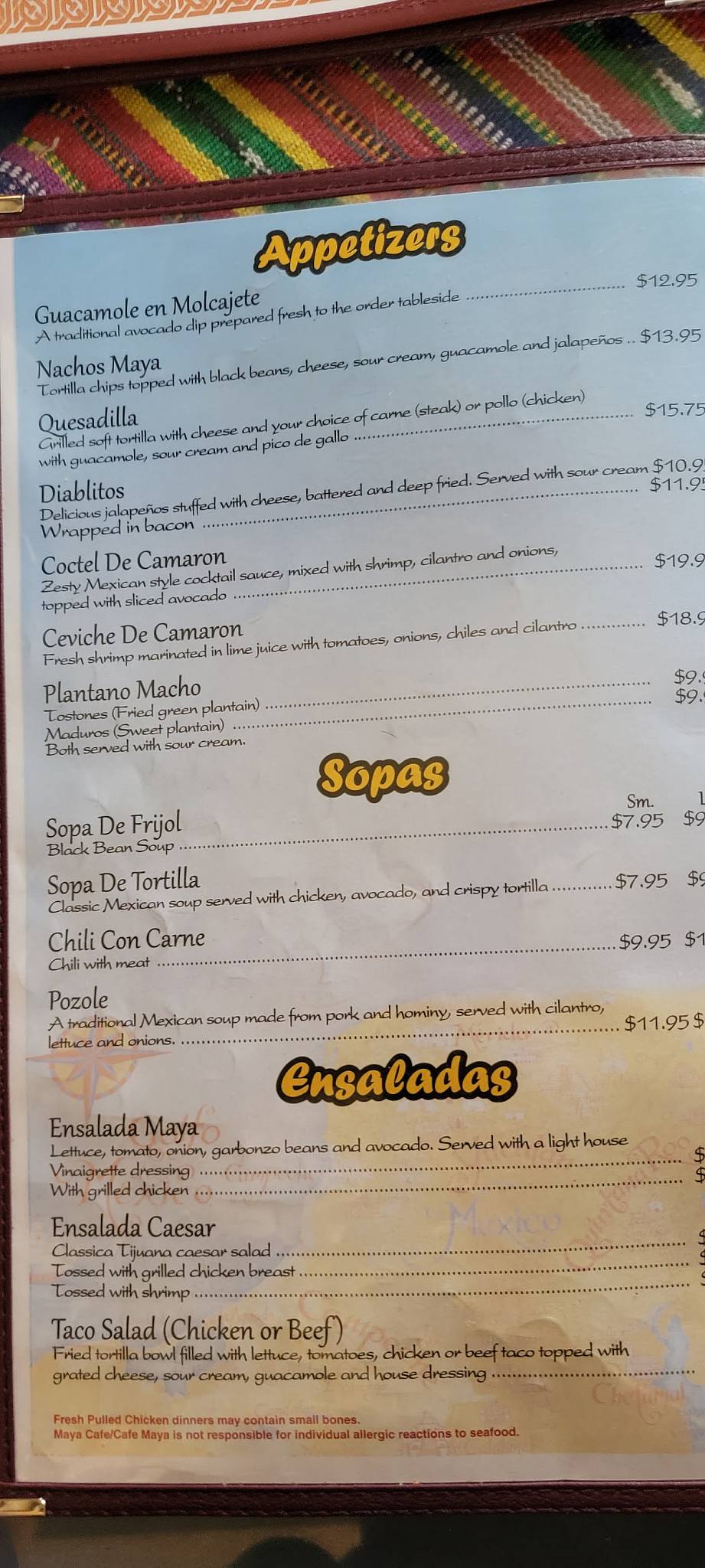 Menu at Maya Cafe, Fishkill