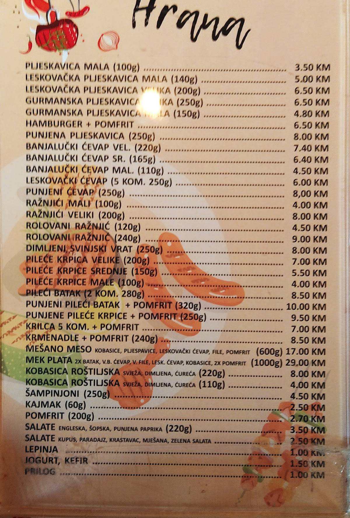Menu at Mek restaurant, Banja Luka
