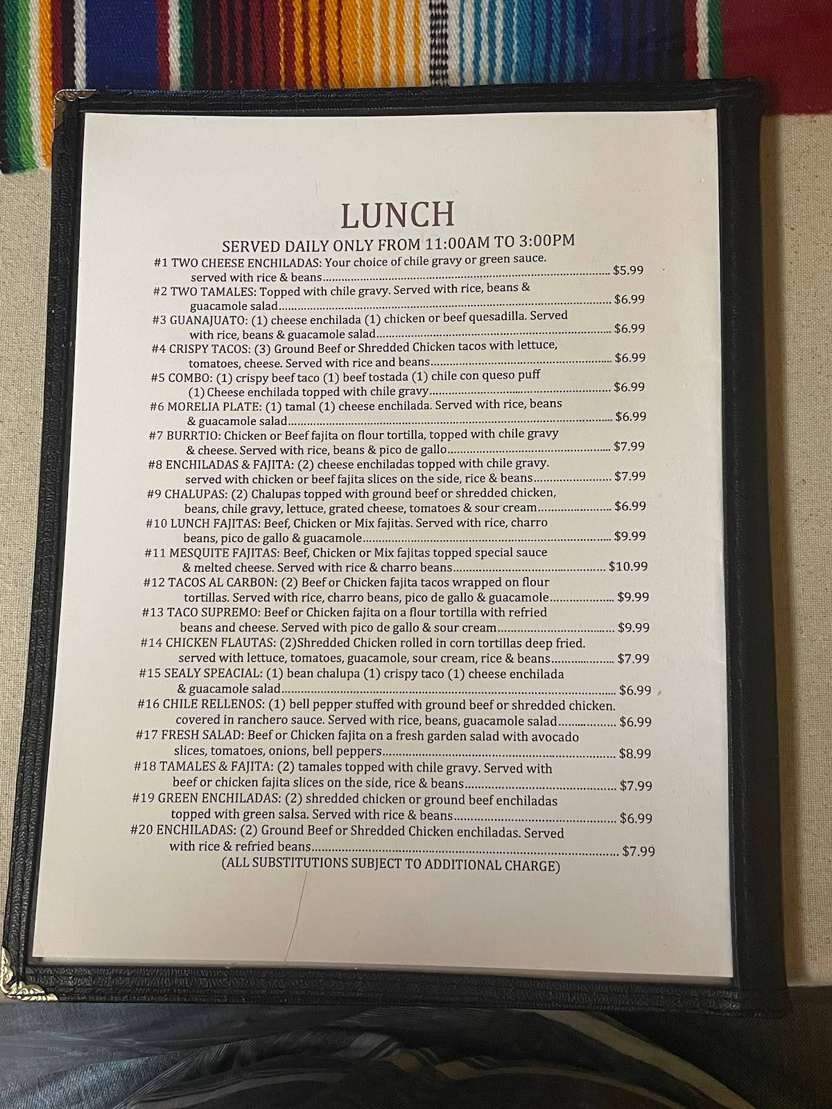 Menu at Mesquite Mexican Grill restaurant, Sealy