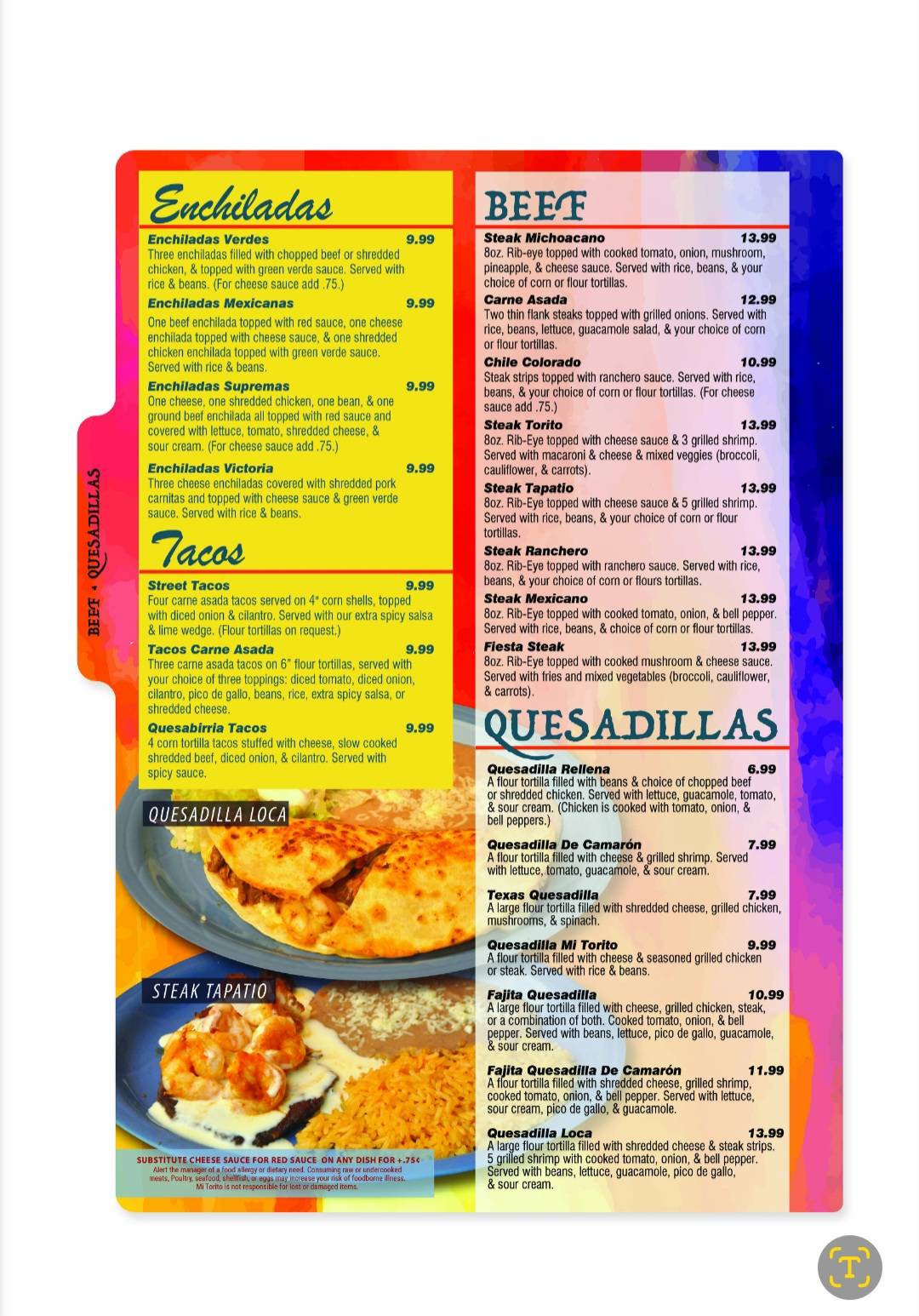Menu at Mi Torito Mexican Restaurant Galena, Galena