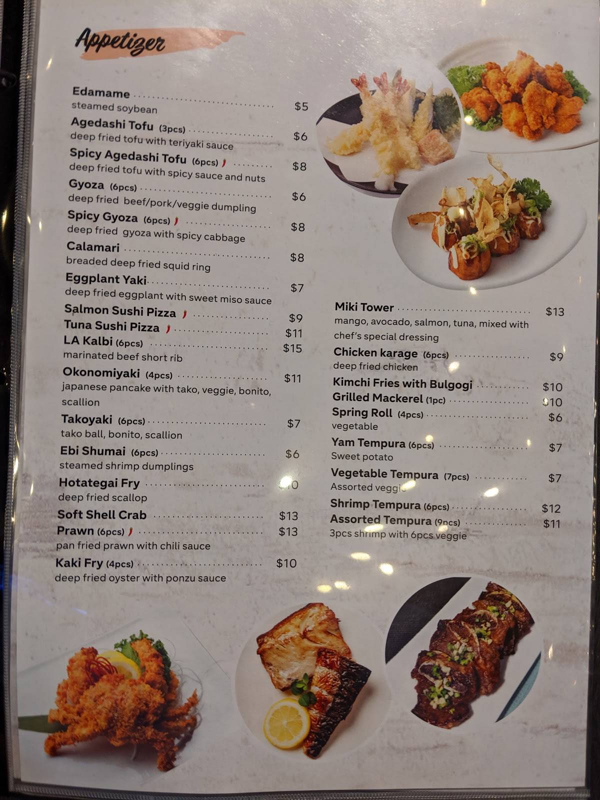 Menu au MiKi sushi restaurant, Markham