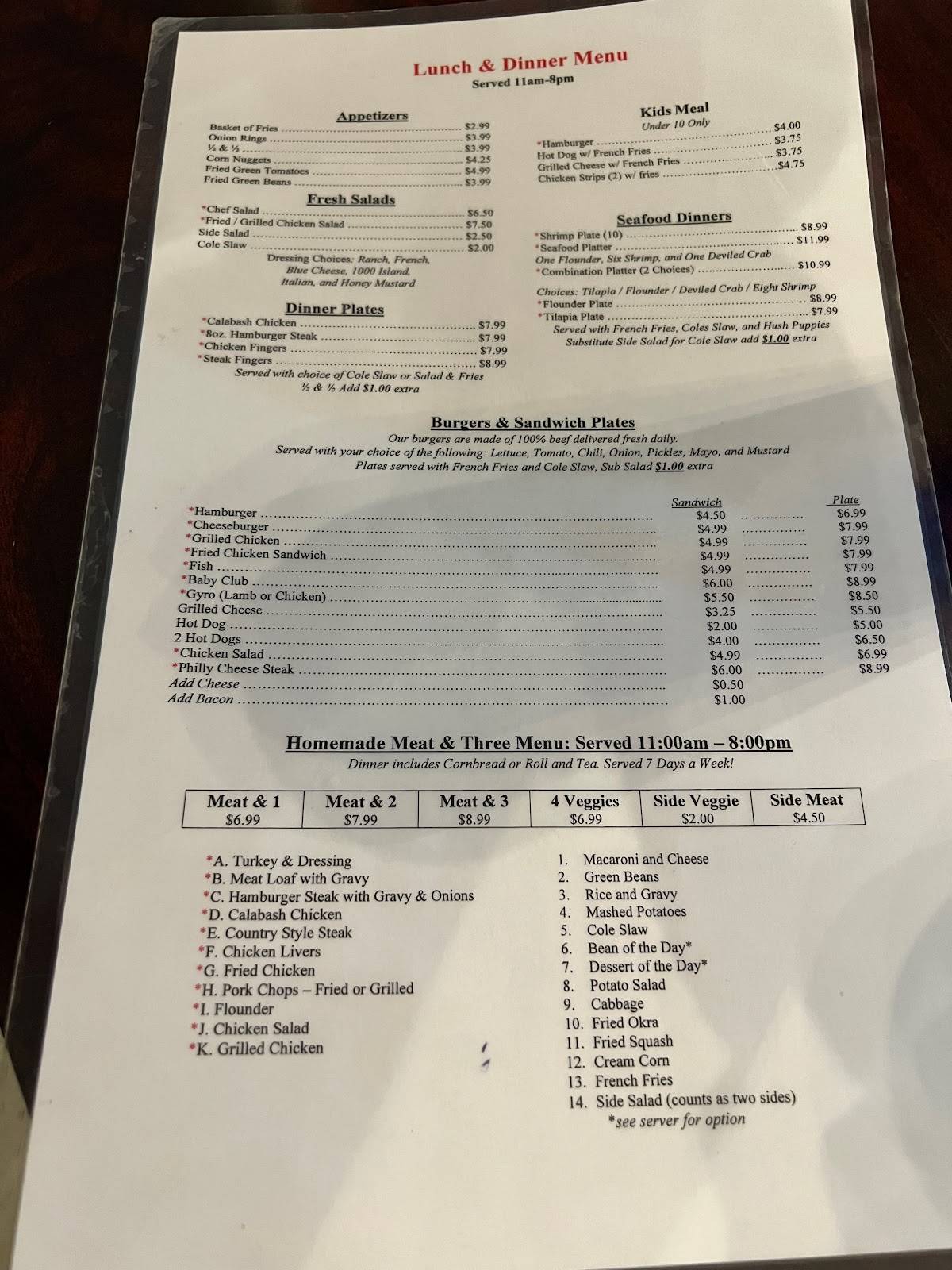 Menu at Mill Town Place restaurant, Pelzer