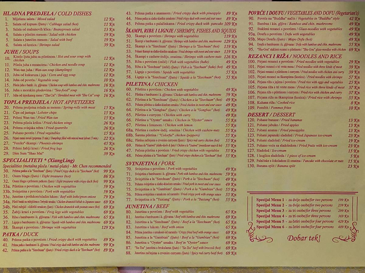 Menu at Restaurant Mr. Chen, Zagreb