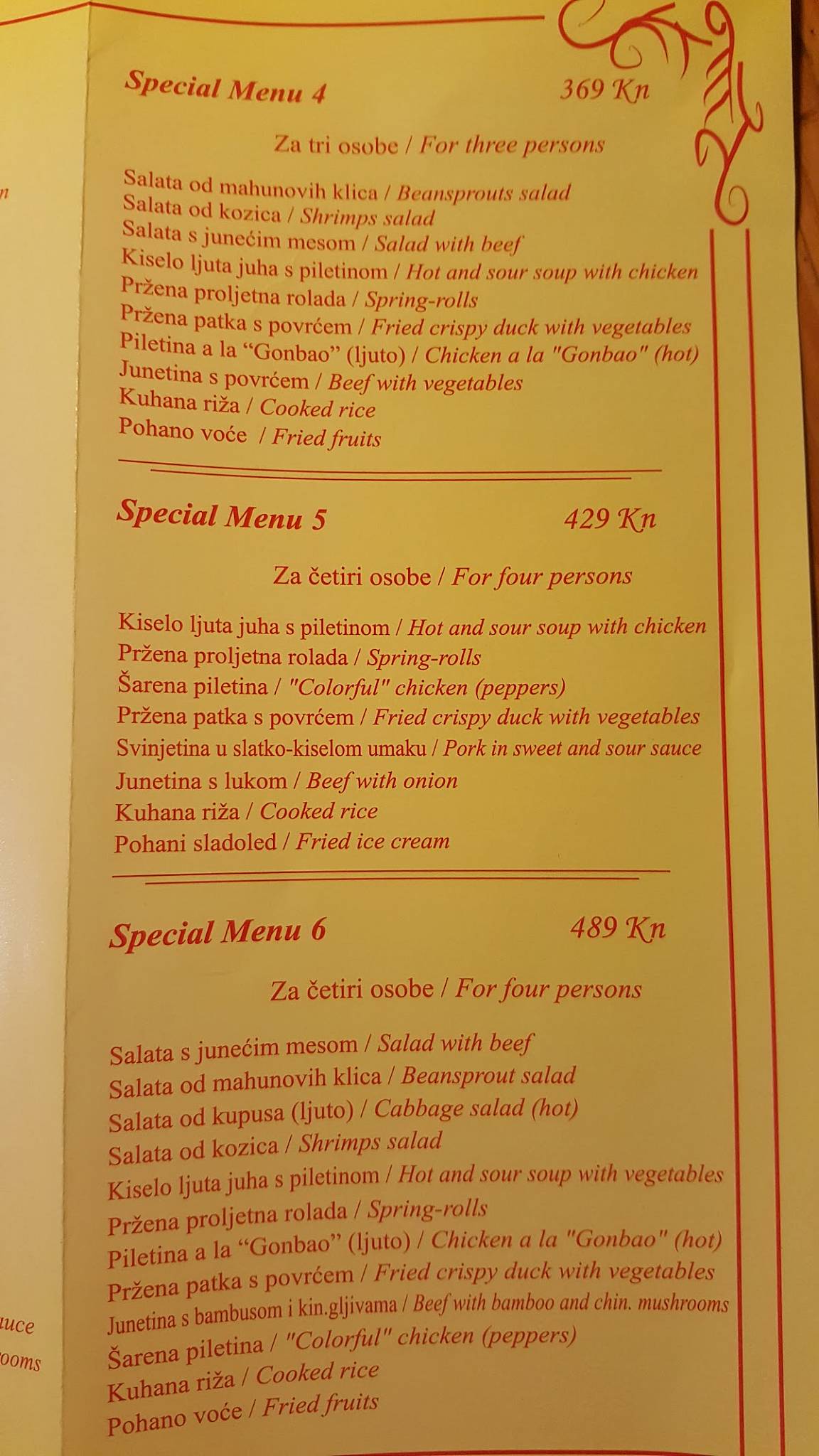 Menu at Restaurant Mr. Chen, Zagreb