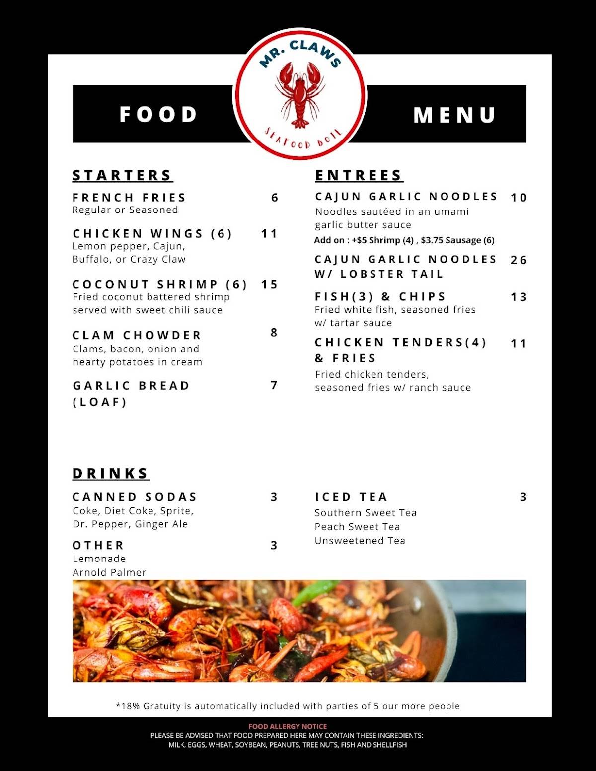 Menu at Mr. Claws restaurant, Cathedral City