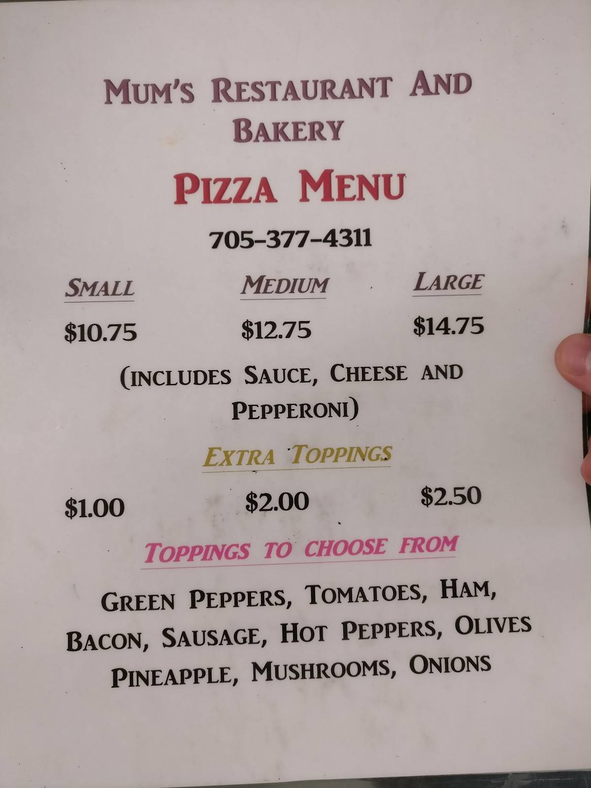 Menu at Mum's Restaurant & Bakery Inc, Mindemoya