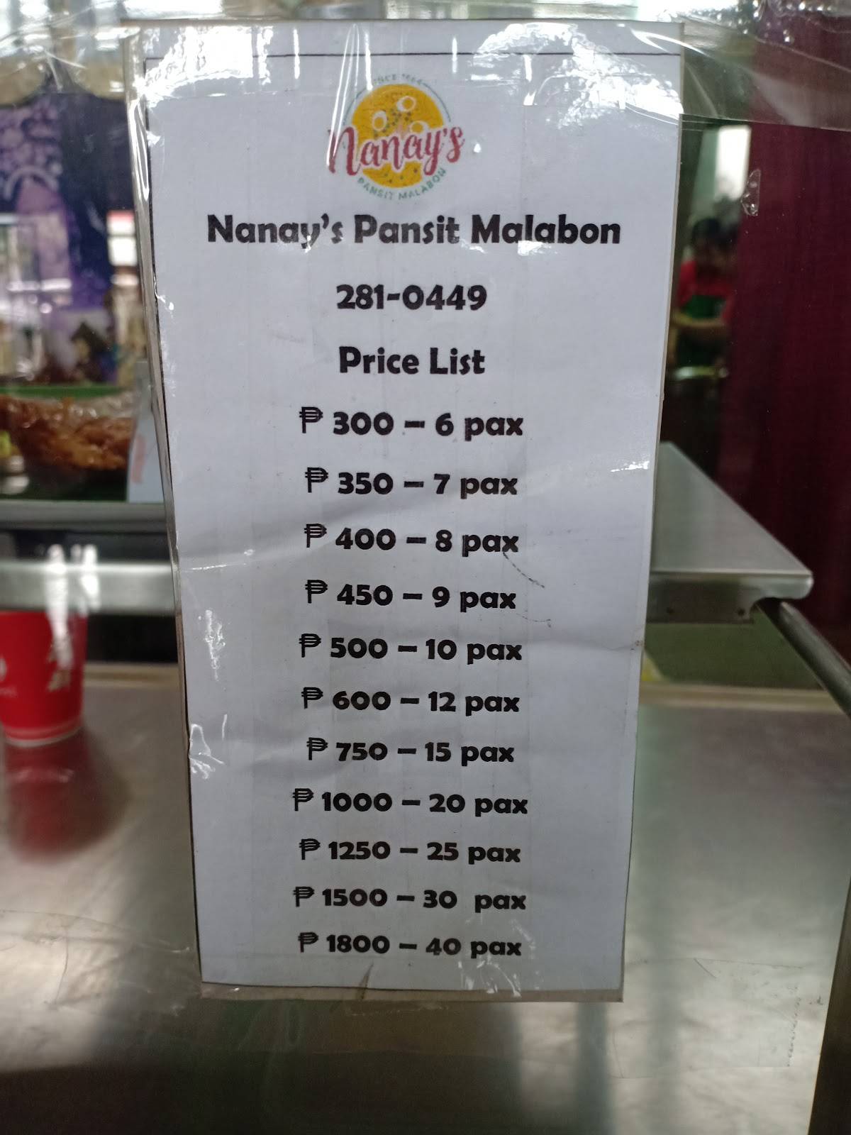 Menu at Nanay's Pancit Malabon restaurant, Malabon