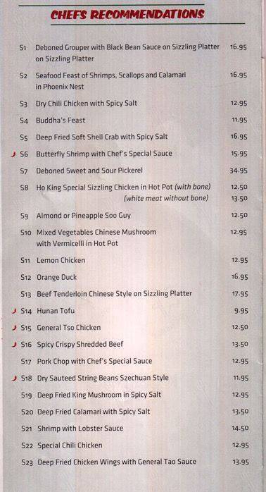 Menu at New Ho King restaurant, Toronto