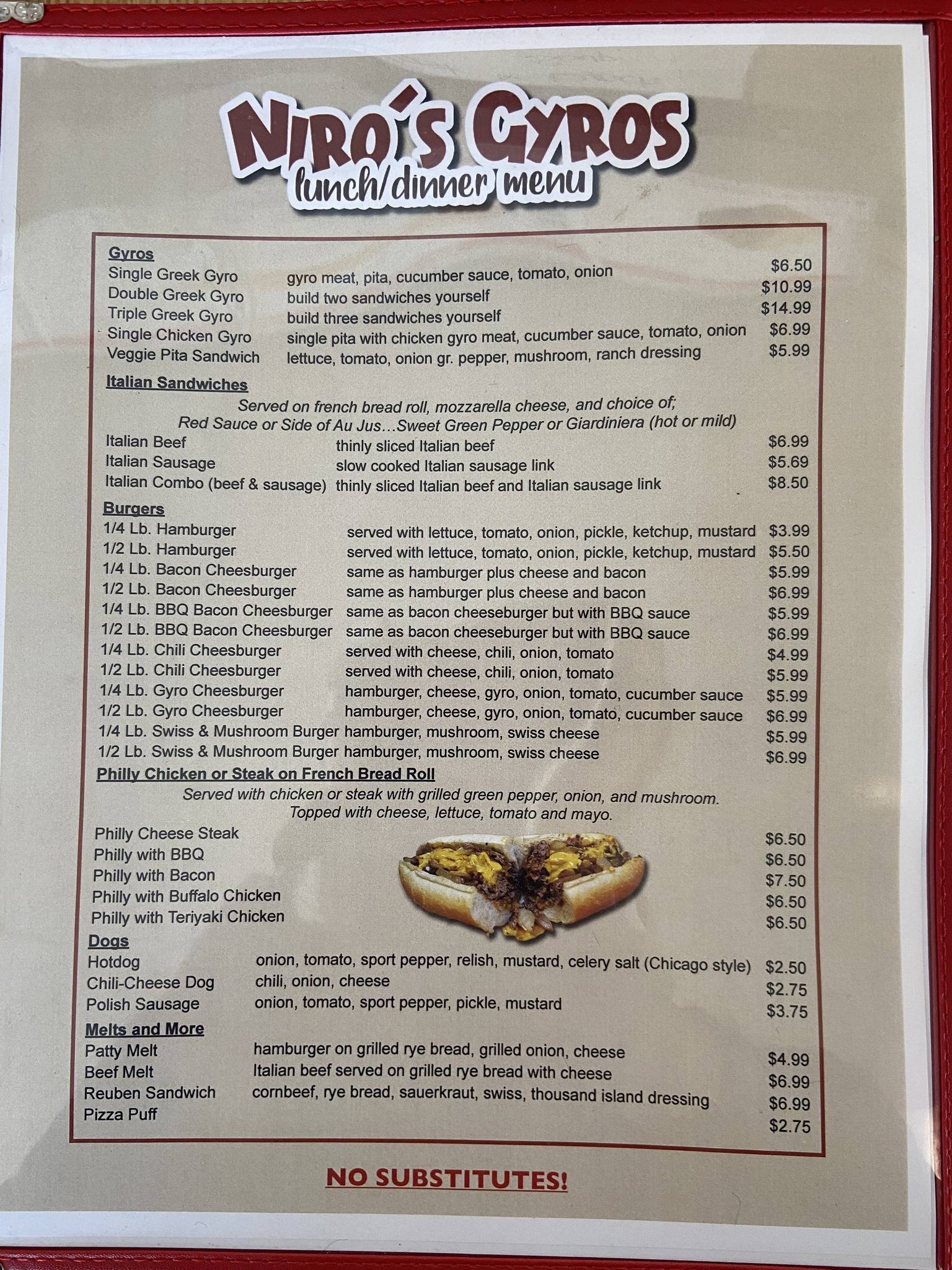 Menu at Niro's Gyros restaurant, Beecher