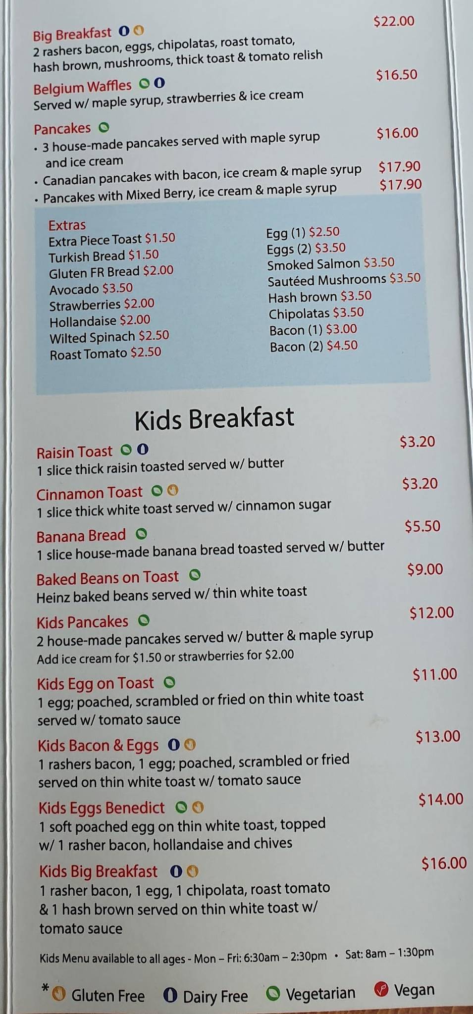 Menu at Nourish restaurant, Toowoomba City
