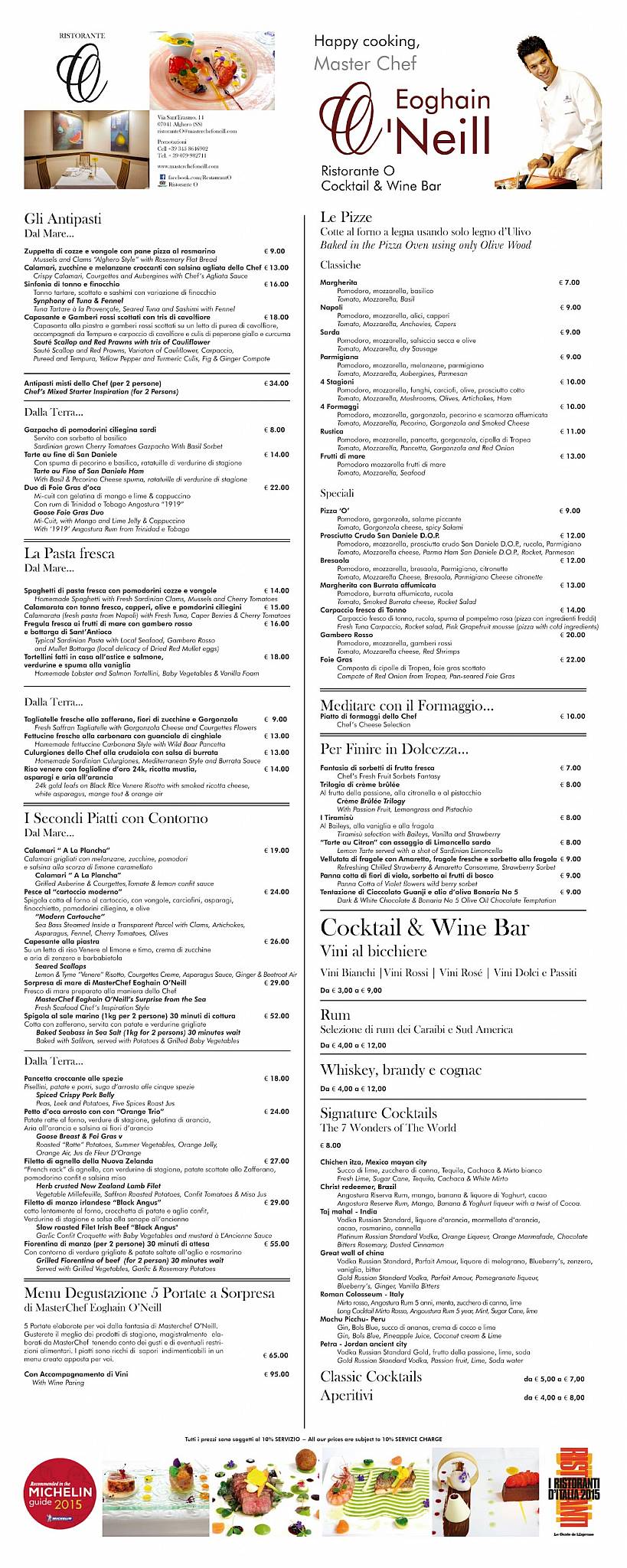 Menu at Restaurant O, Alghero