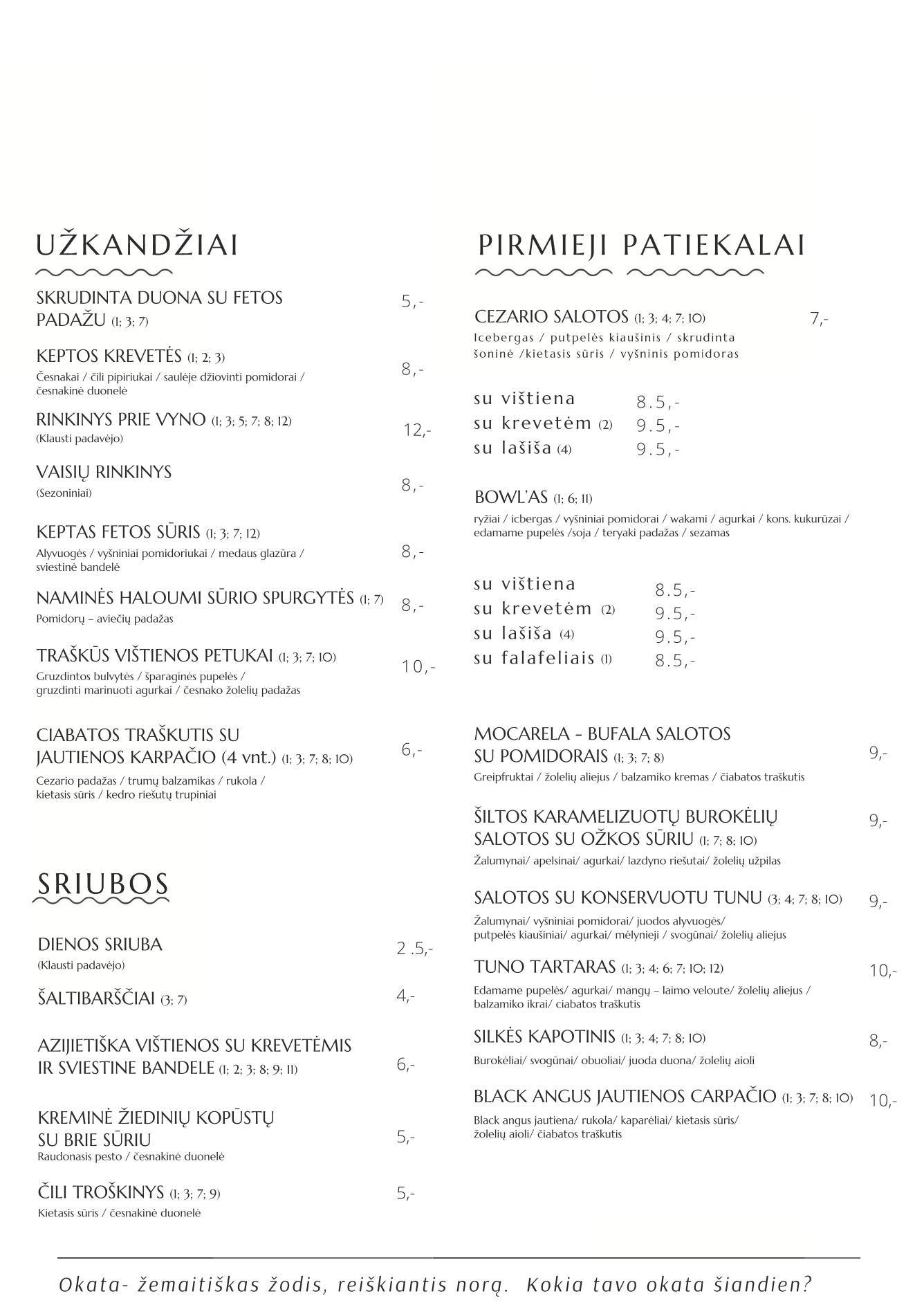Menu at OKATA restaurant, Kaunas