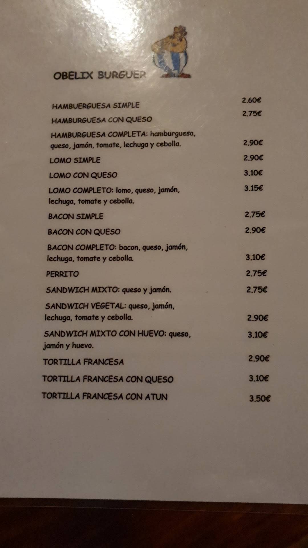 Carta del restaurante Obelix, Cangas