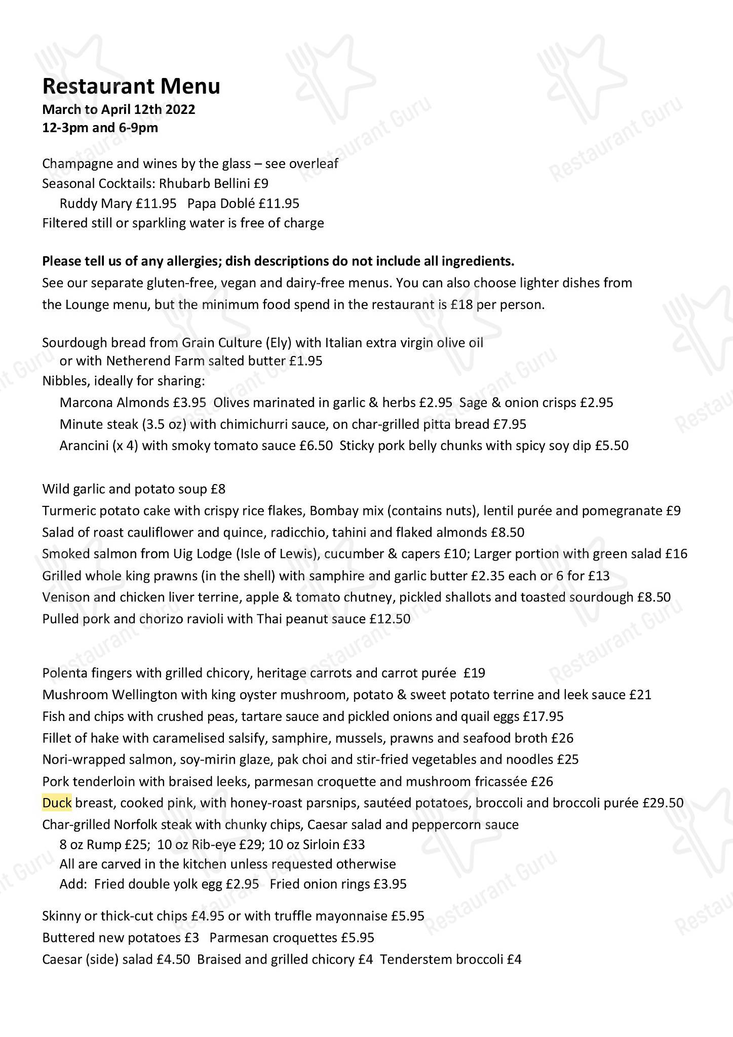 Menu at The Old Bridge Hotel restaurant, Huntingdon