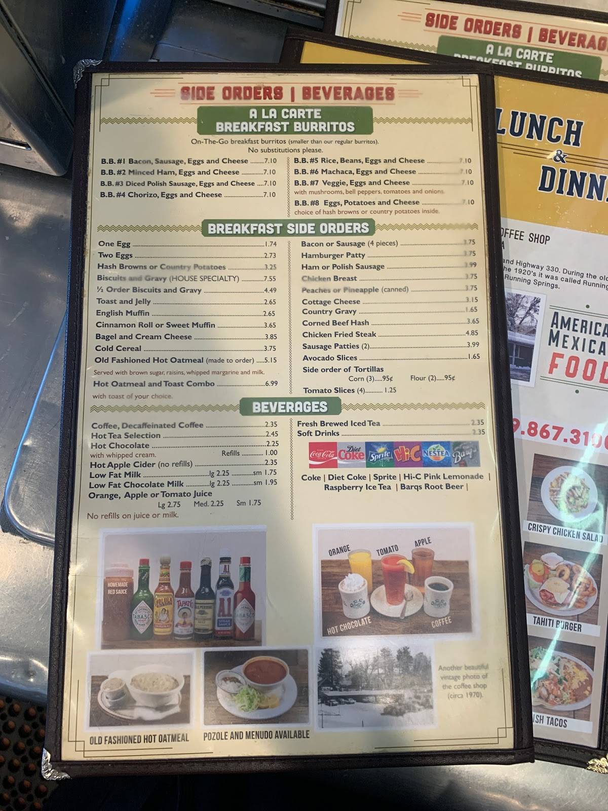 Menu at Old Country Coffee Shop restaurant, Running Springs
