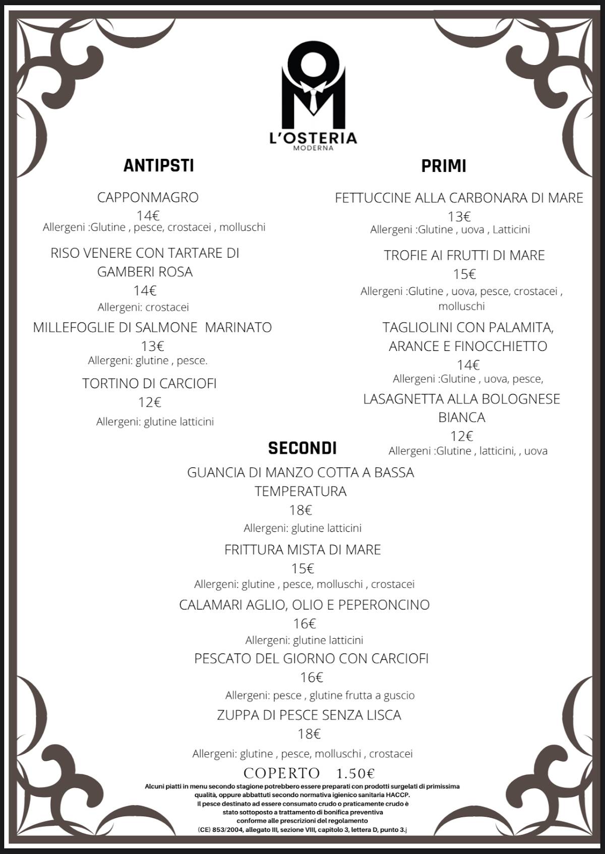 Menu at Osteria AU Fundegu Genova restaurant, Genoa