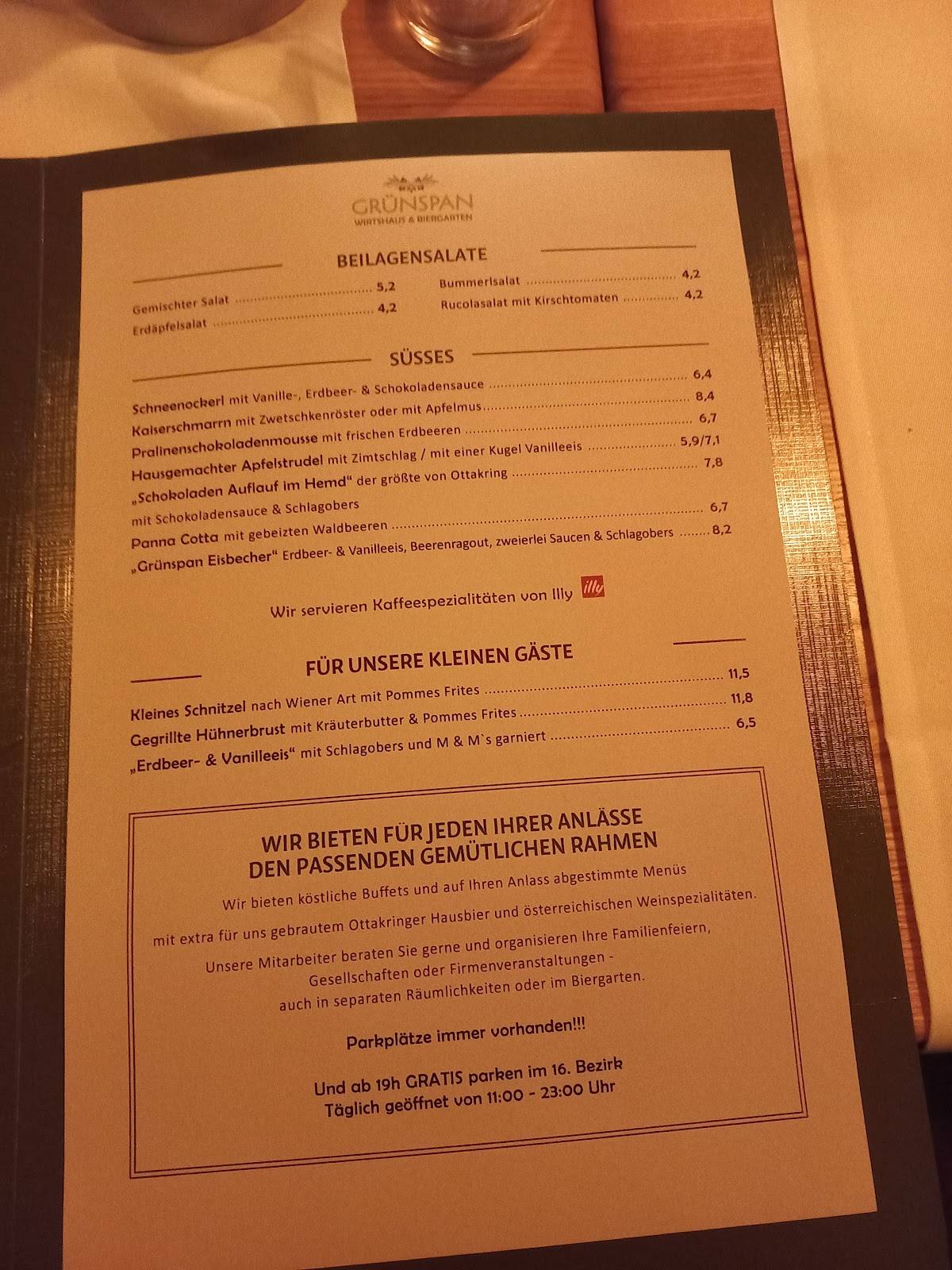 Speisekarte von Plachutta's Grünspan restaurant, Wien, Ottakringer Str. 266