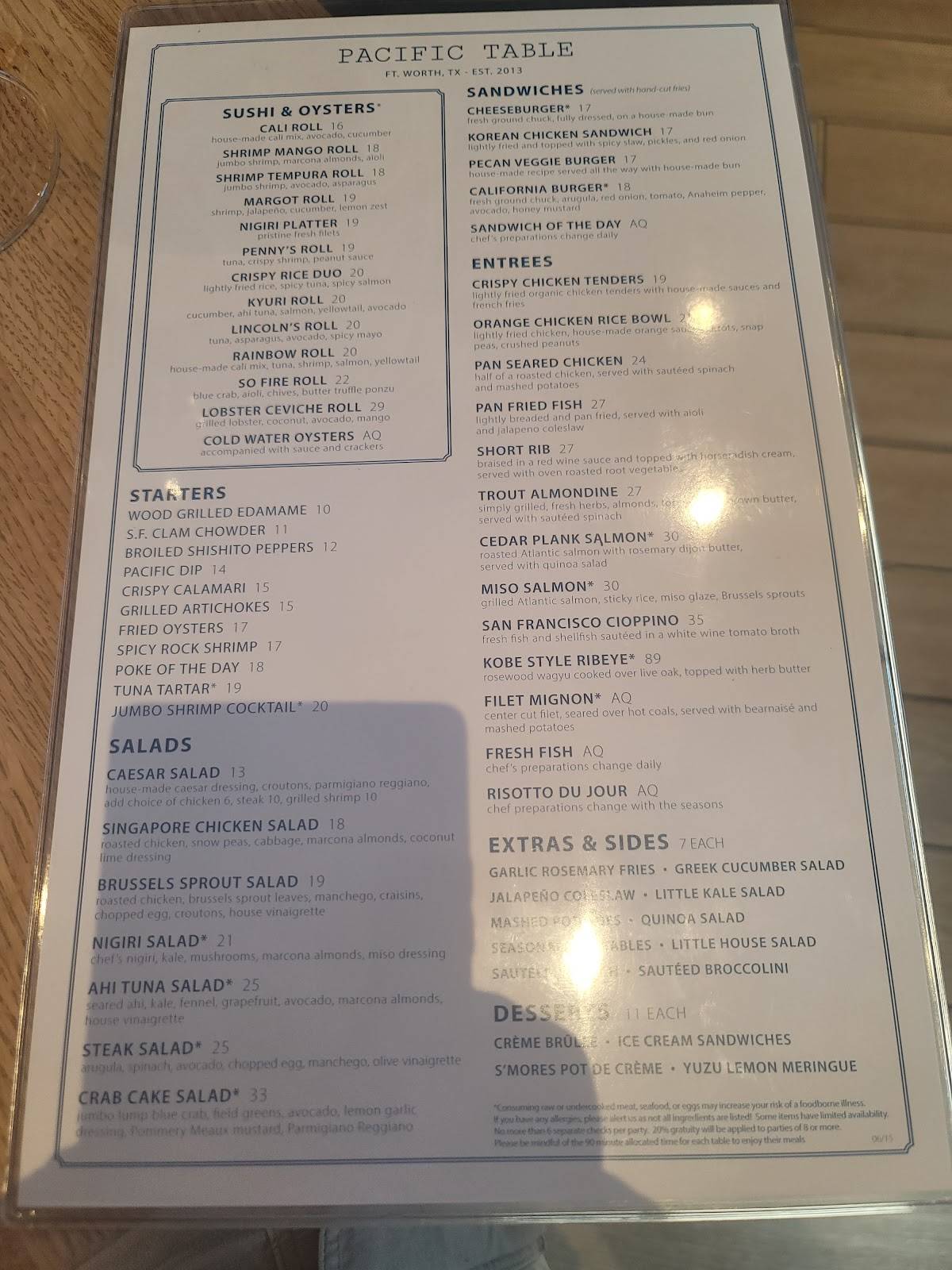Menu at Pacific Table restaurant, Fort Worth