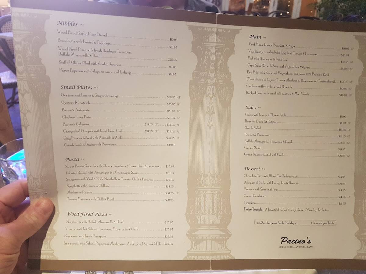 Menu at Pacino's restaurant, Rockhampton City, 5 East St
