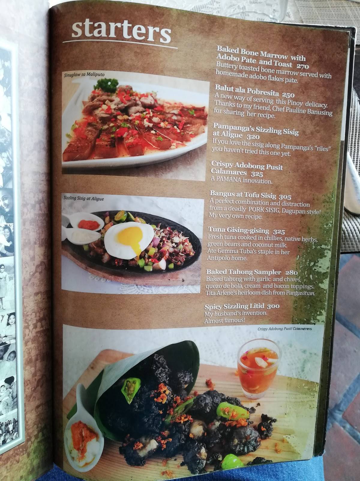 Menu at Pamana Restaurant - Tagaytay, Tagaytay