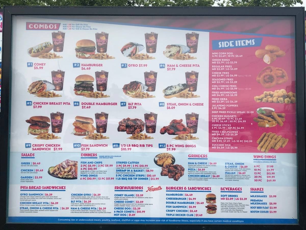 Menu at Papa's Drive-Thru restaurant, Flint