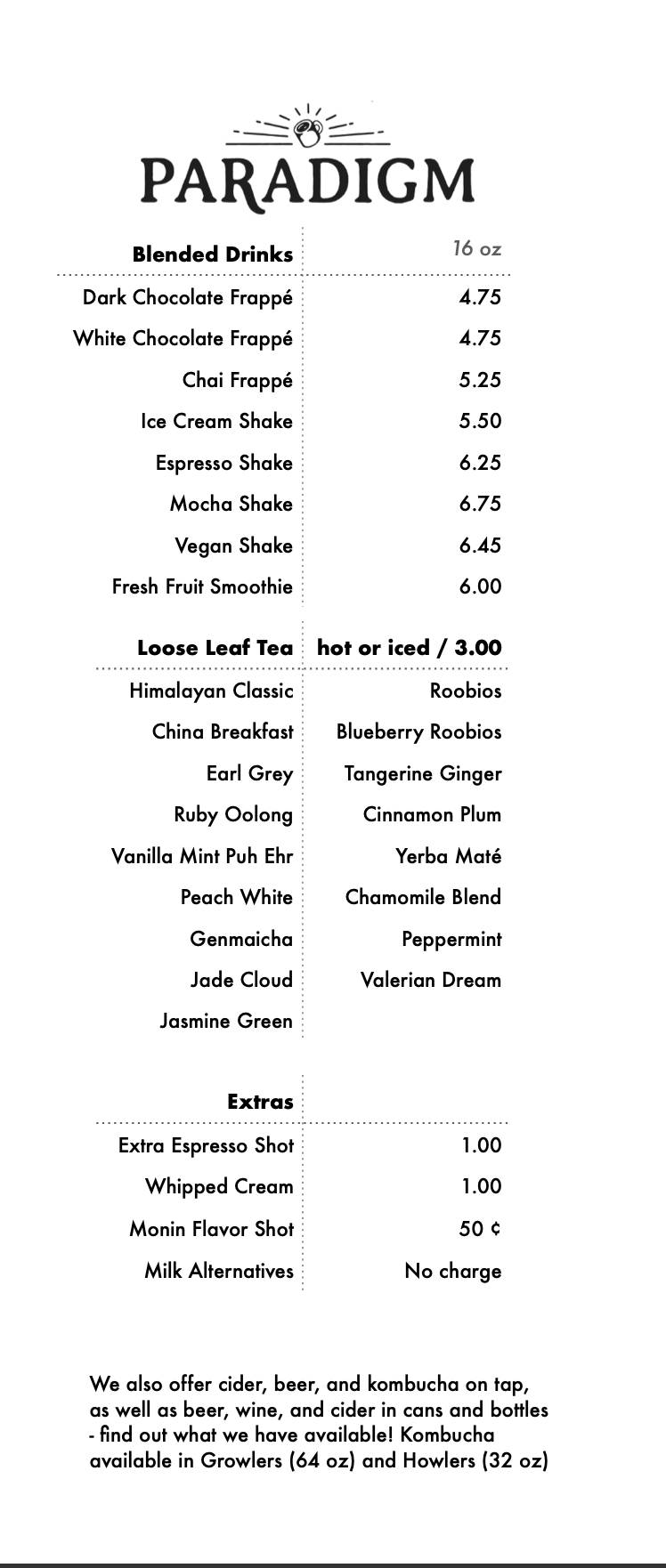 Menu at Paradigm Coffee and Music cafe, Sheboygan