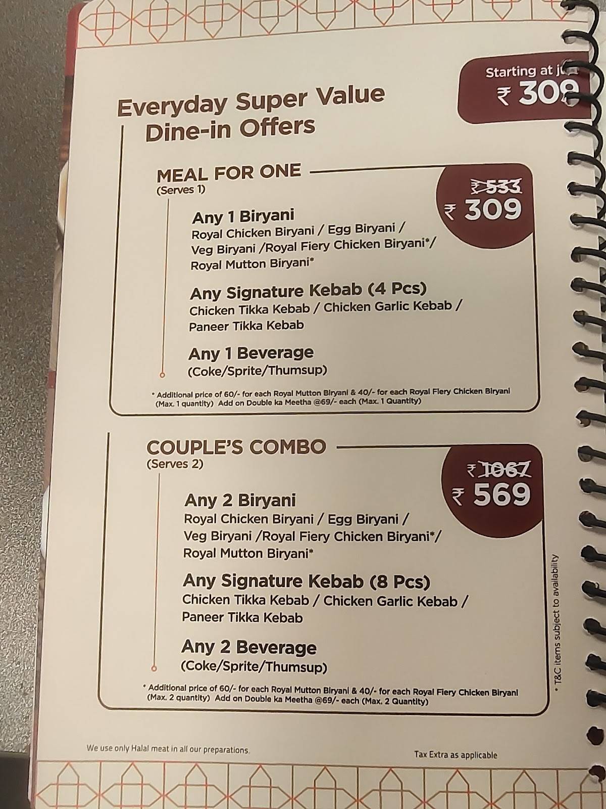 Menu at Paradise Biryani Chandrayangutta, Hyderabad