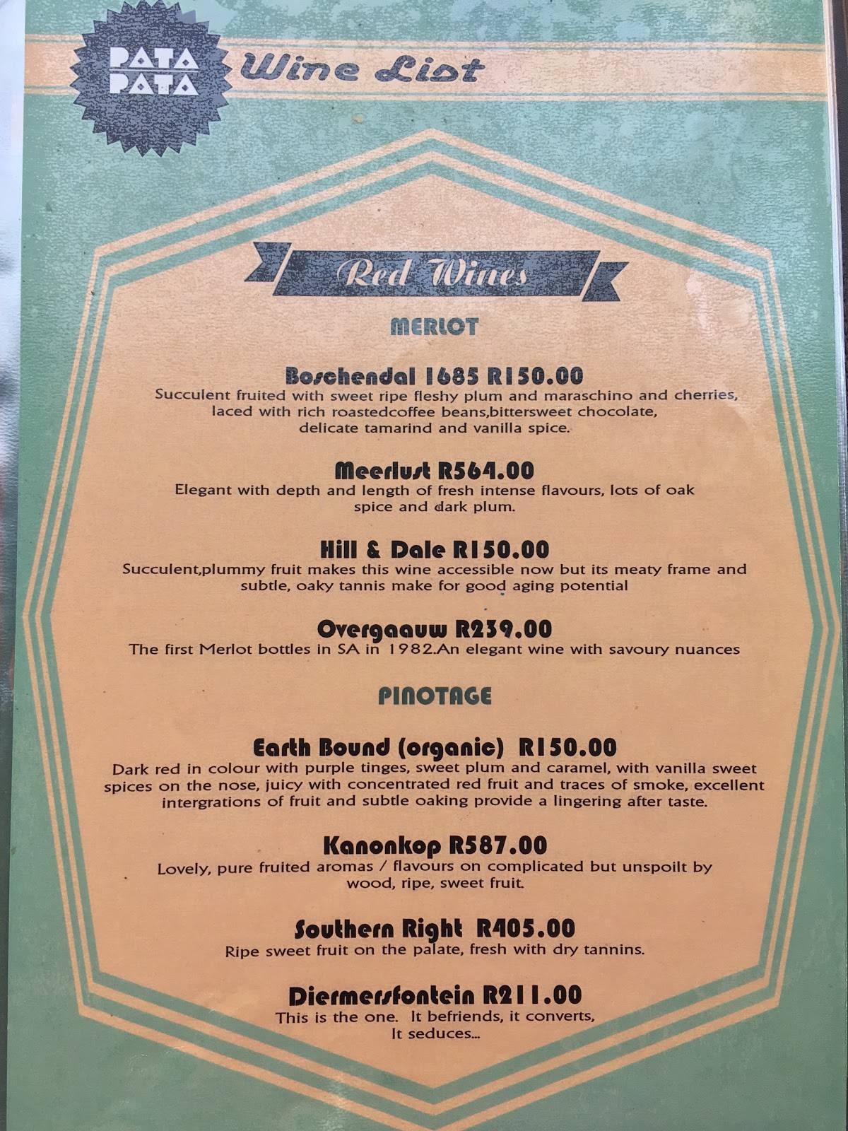 Menu at Pata Pata restaurant, Johannesburg, 286 Fox St
