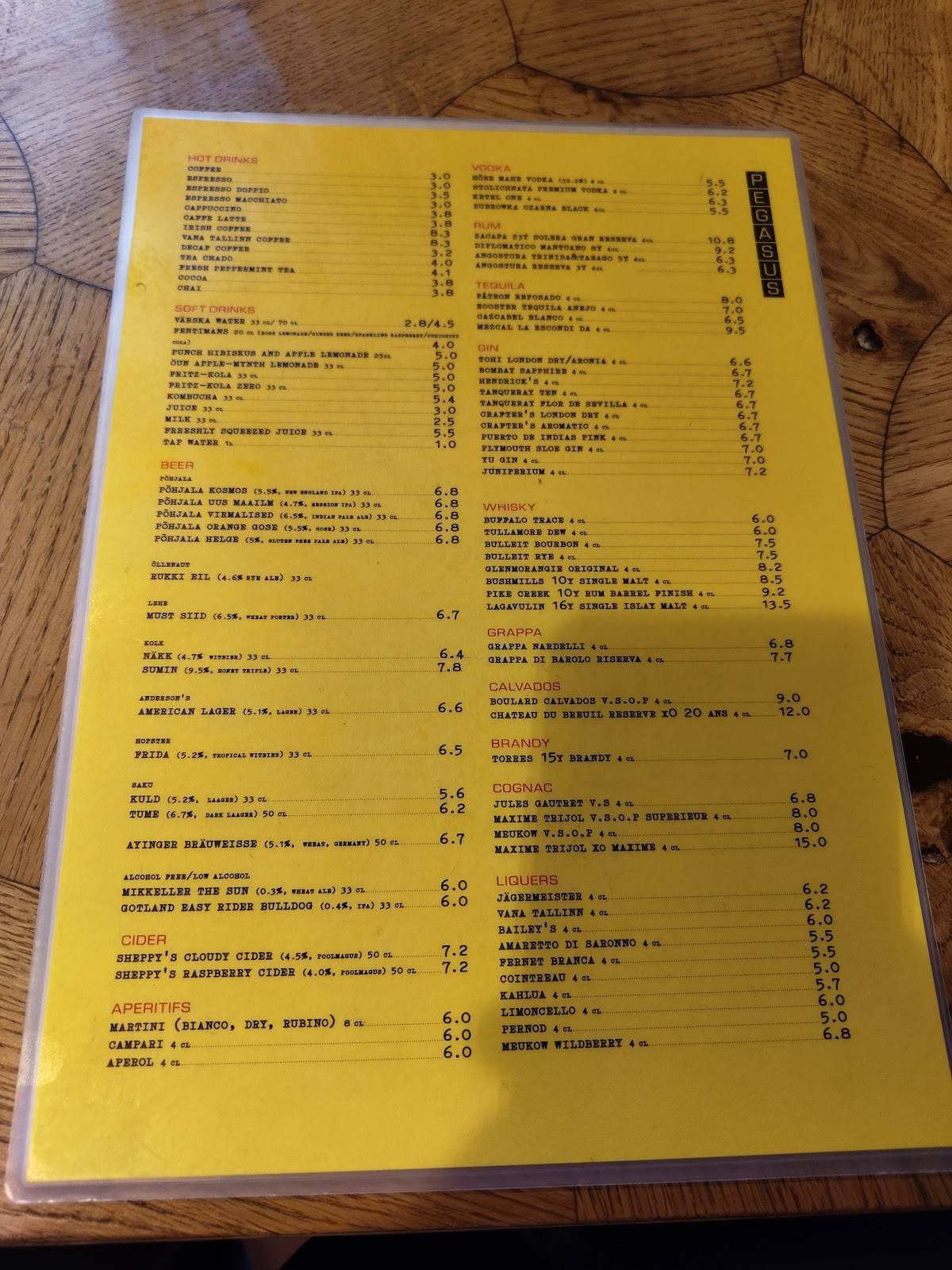 Menu at Restaurant Pegasus, Tallinn