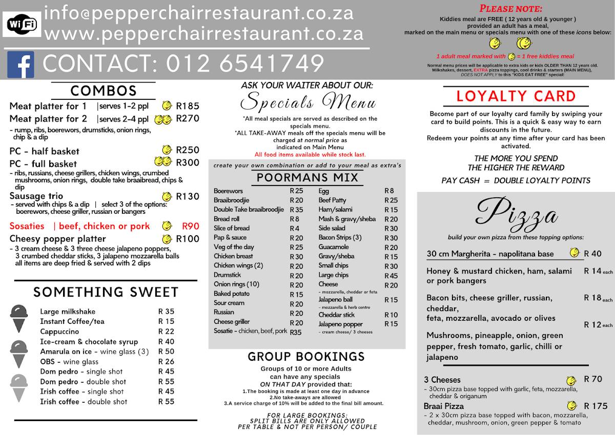 Menu at Pepper Chair Restaurant, Centurion