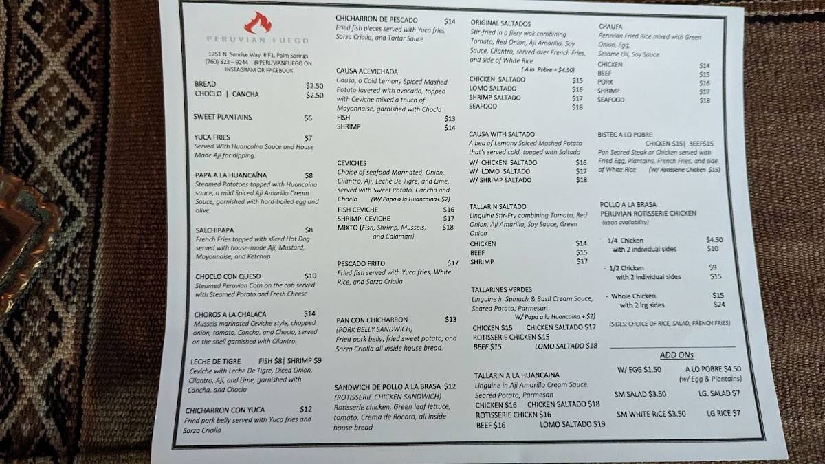 Menu at Peruvian Fuego restaurant, Palm Springs