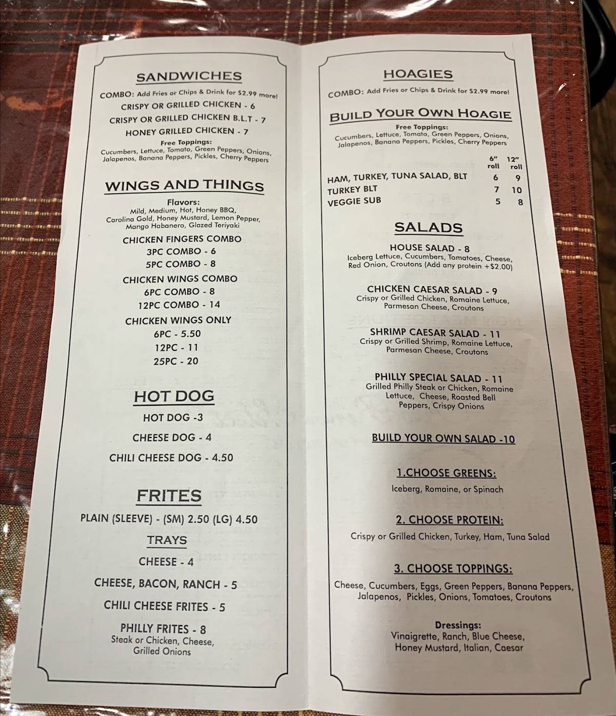 Menu at Philly Special restaurant, Orangeburg
