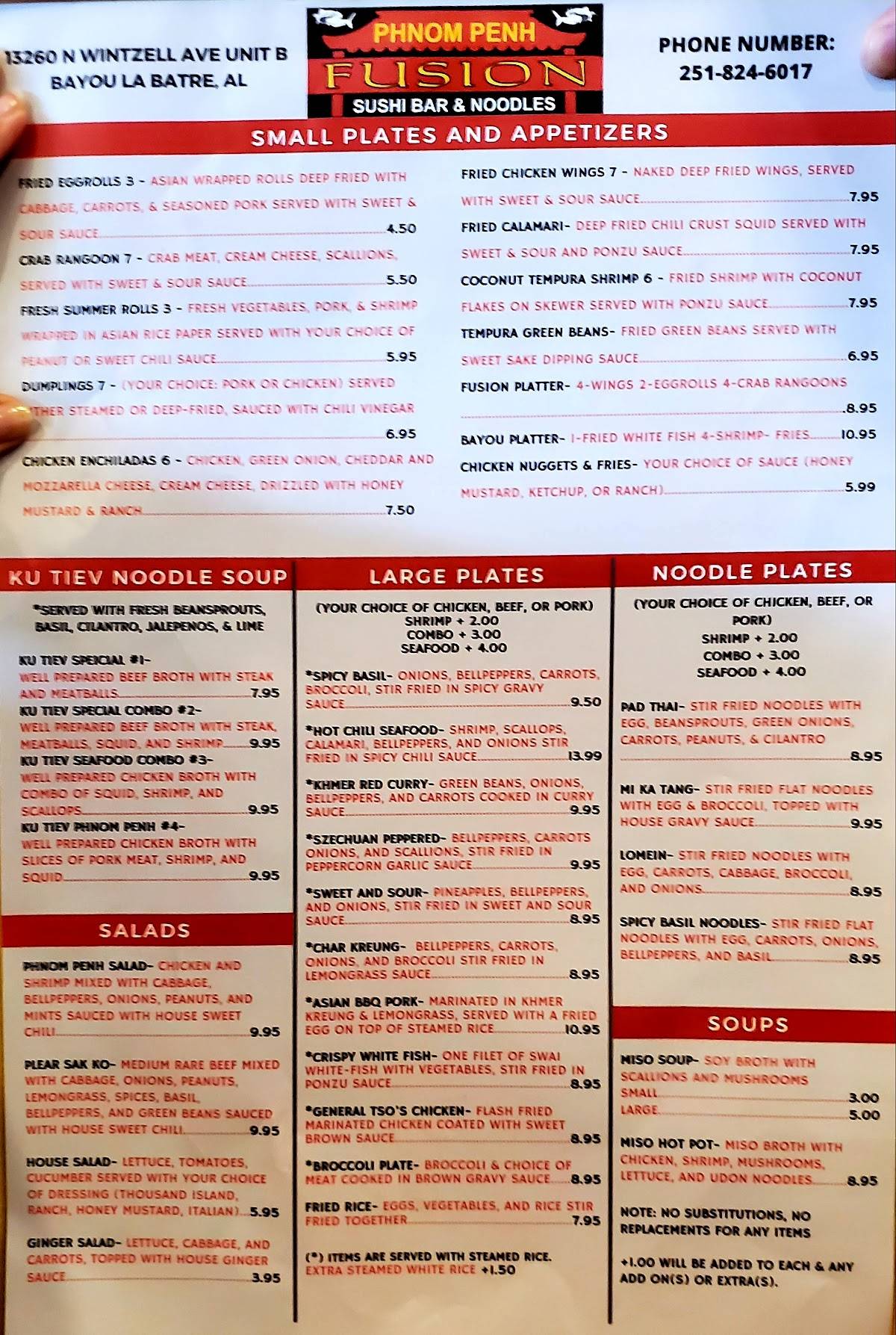 Menu at Phnom Penh Fusion restaurant, Bayou La Batre, Wintzell Ave