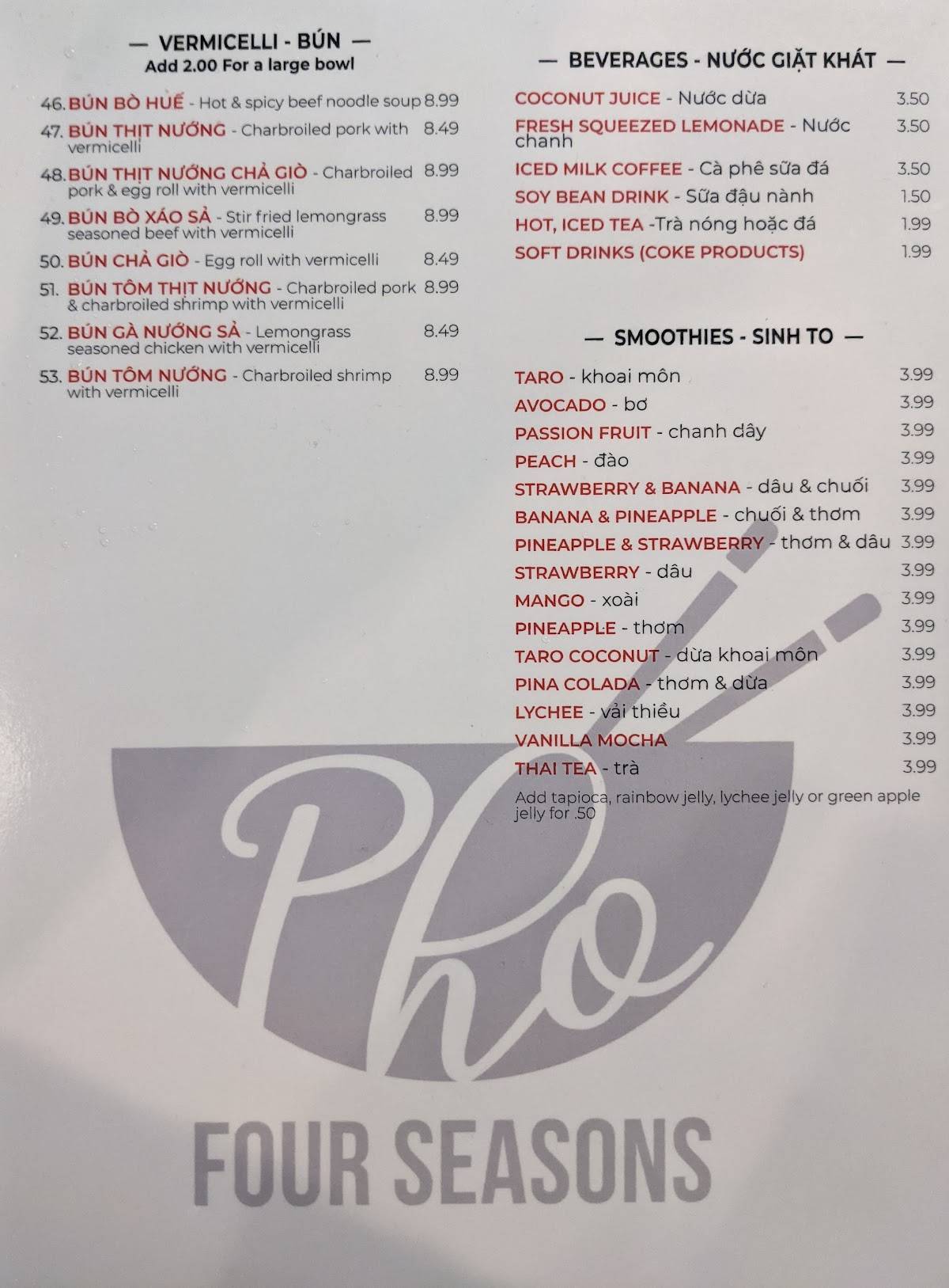 Menu at Pho Four Seasons restaurant, Beaumont, College St