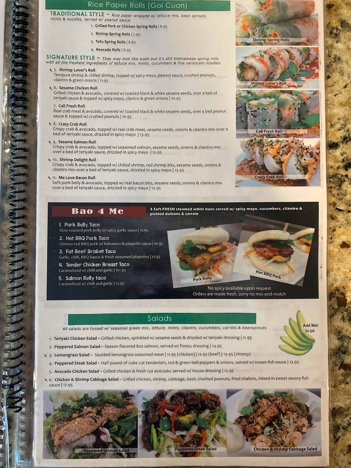 Menu at Pho Fresh Vietnamese restaurant, Rancho Cordova