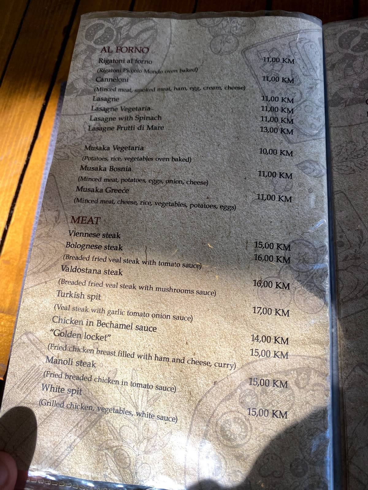 Menu at Piccolo Mondo restaurant, Sarajevo, Kotromanića 5