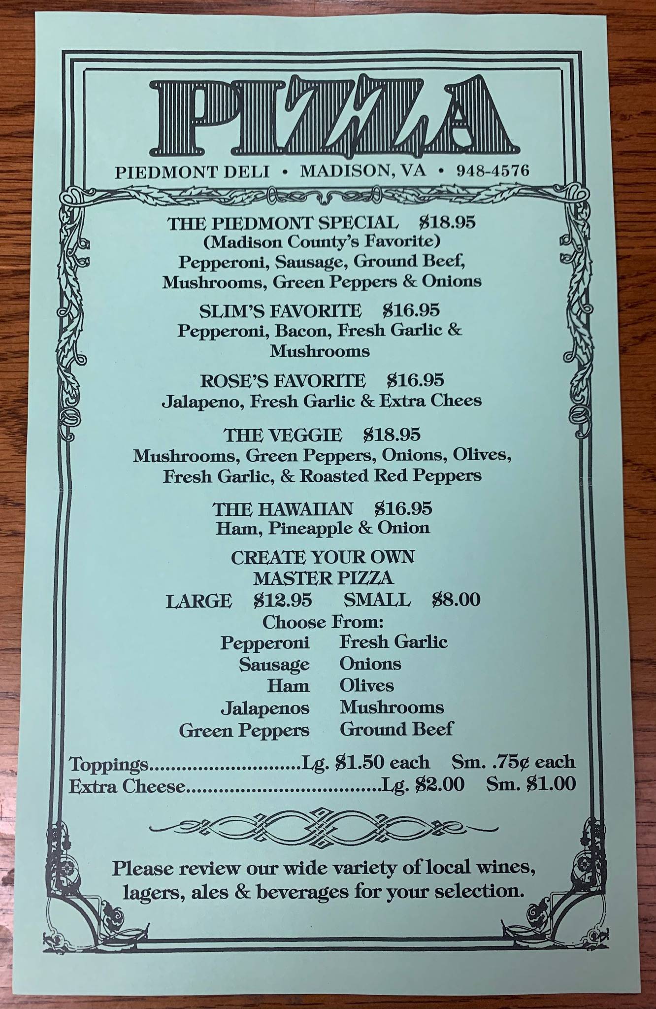 Menu at Piedmont Deli restaurant, Madison