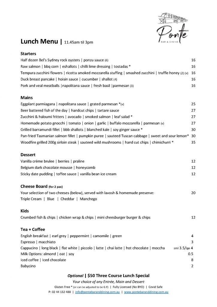 Menu at Ponte Bar and Dining, Nowra