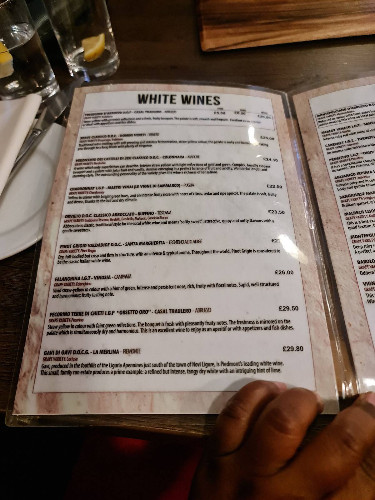 Menu at Positano restaurant, Plymouth
