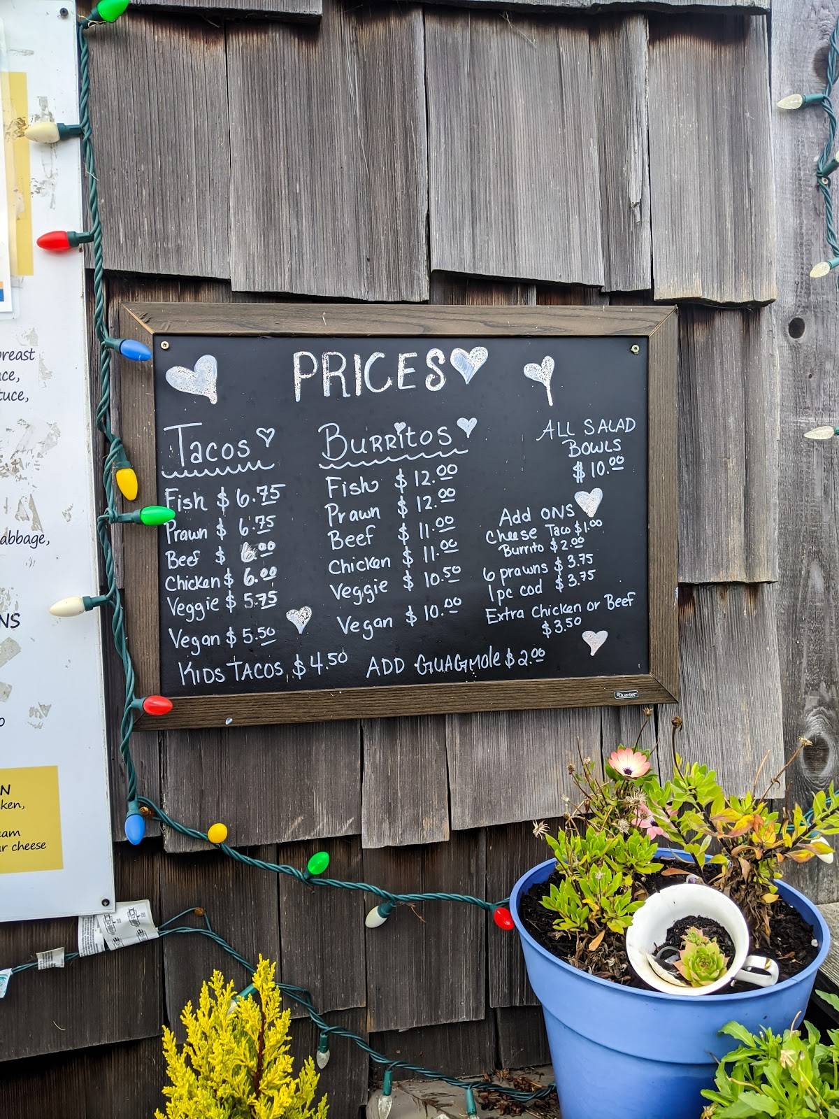 Menu at Fanny Bay Tidal Tacos restaurant, Qualicum Bay