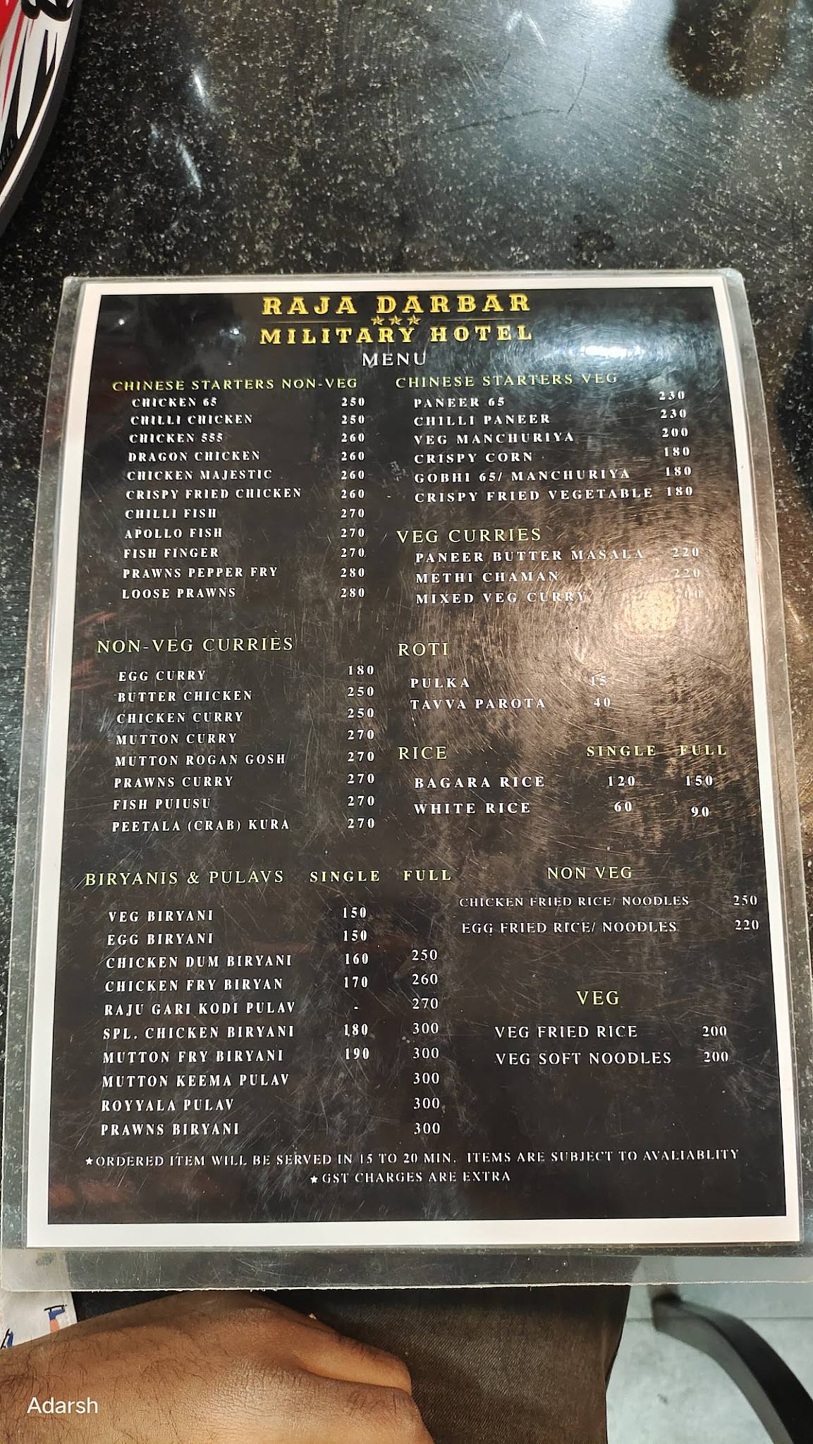 Menu at RAJADARBAR MILITARY HOTEL, Hyderabad, 6-3-801/803