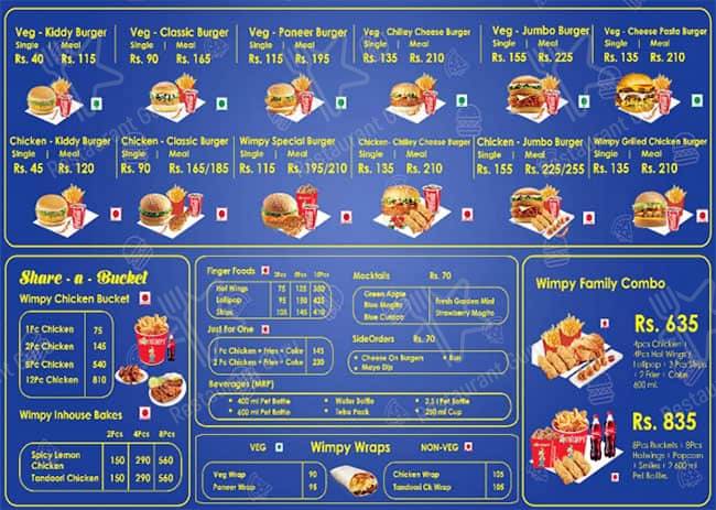 Menu at RSM Wimpy, Chennai