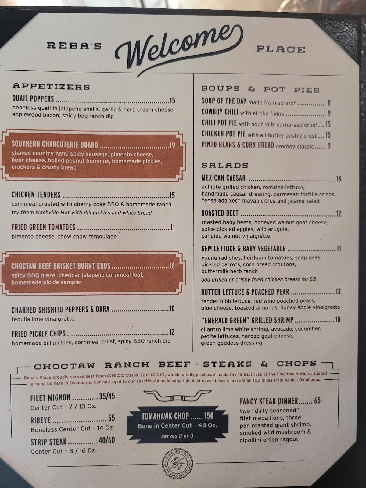 Menu at Reba's Place restaurant, Atoka