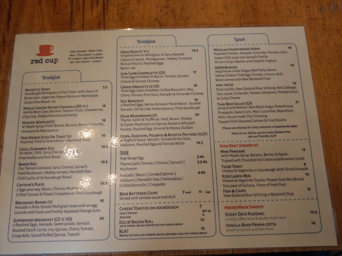 Menu at Red Cup Cafe, Box Hill