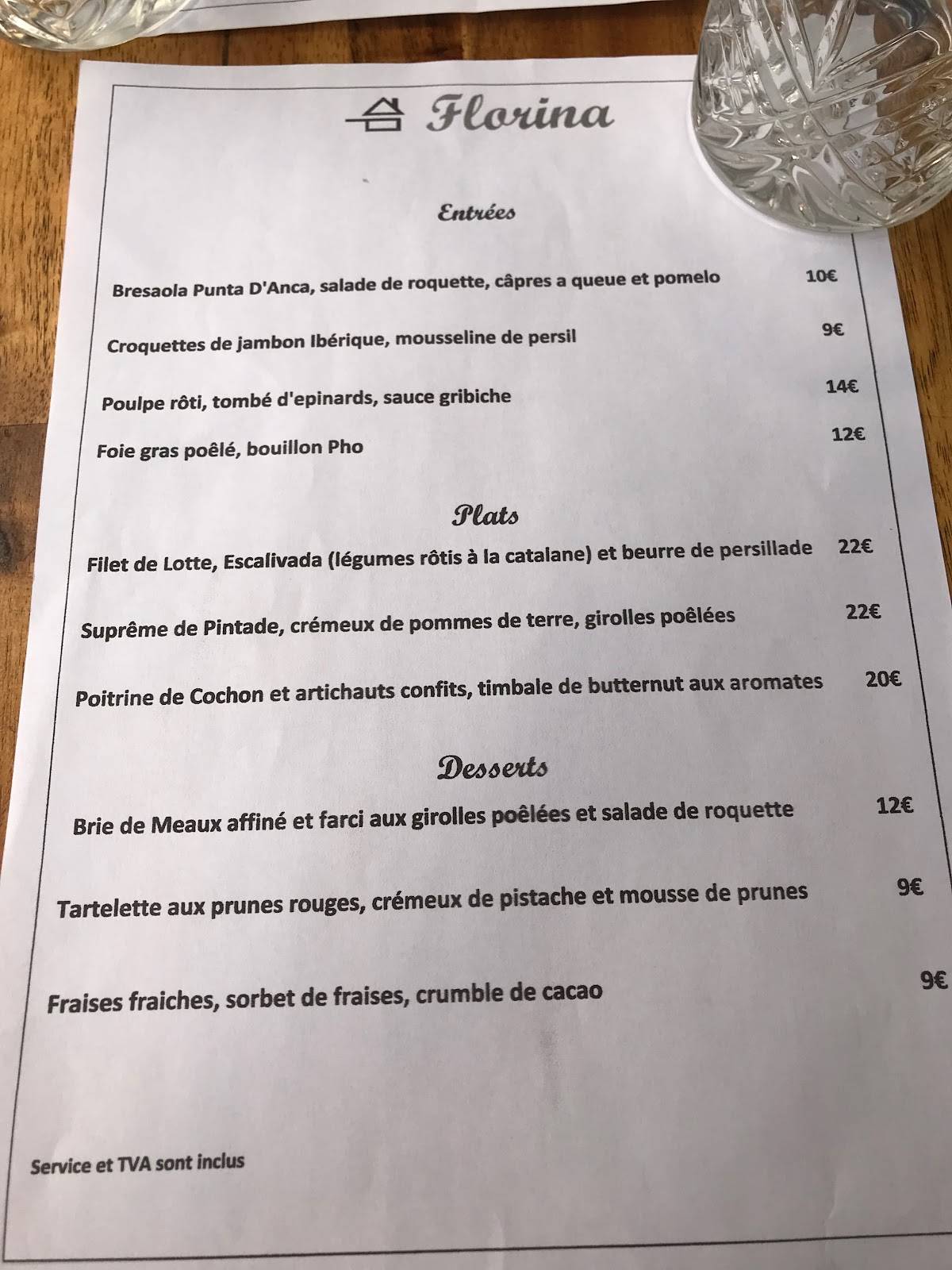 Menu at Restaurant Bistronomique FLORINA, Paris