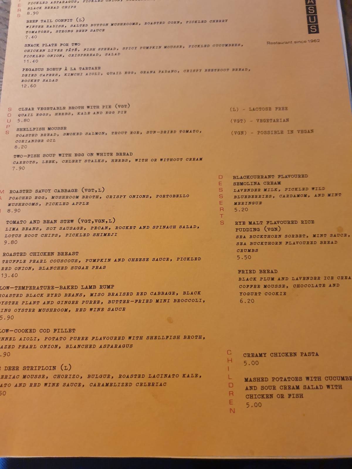 Menu at Restaurant Pegasus, Tallinn